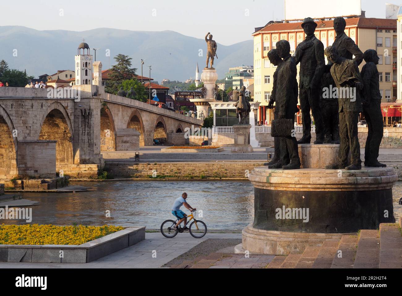 on the Vardar River with the Kamen Bridge in downtown, capital Skopje ...