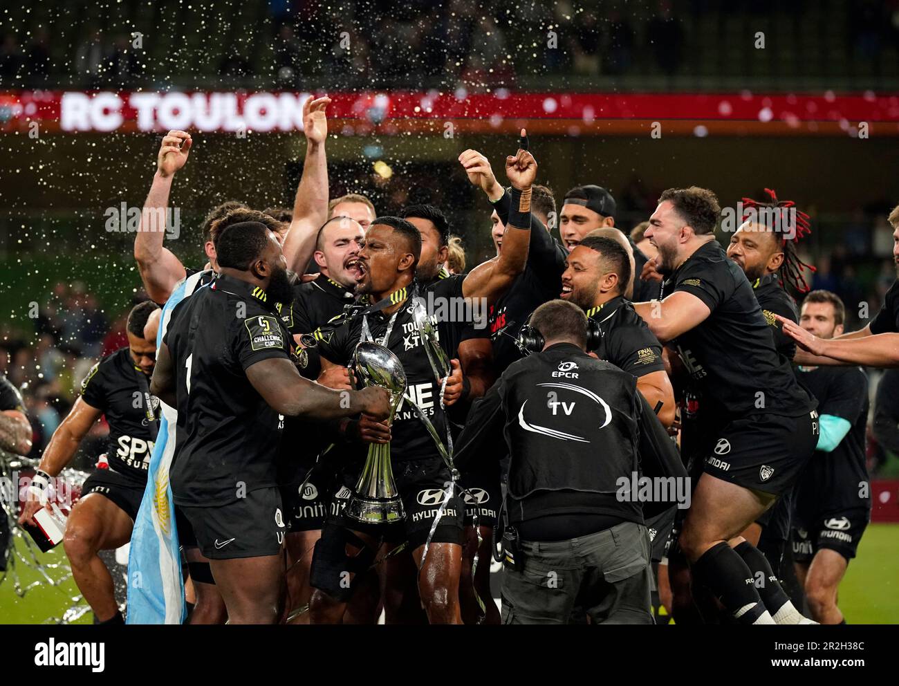 RC Toulon players celebrate with the trophy following the ECPR ...