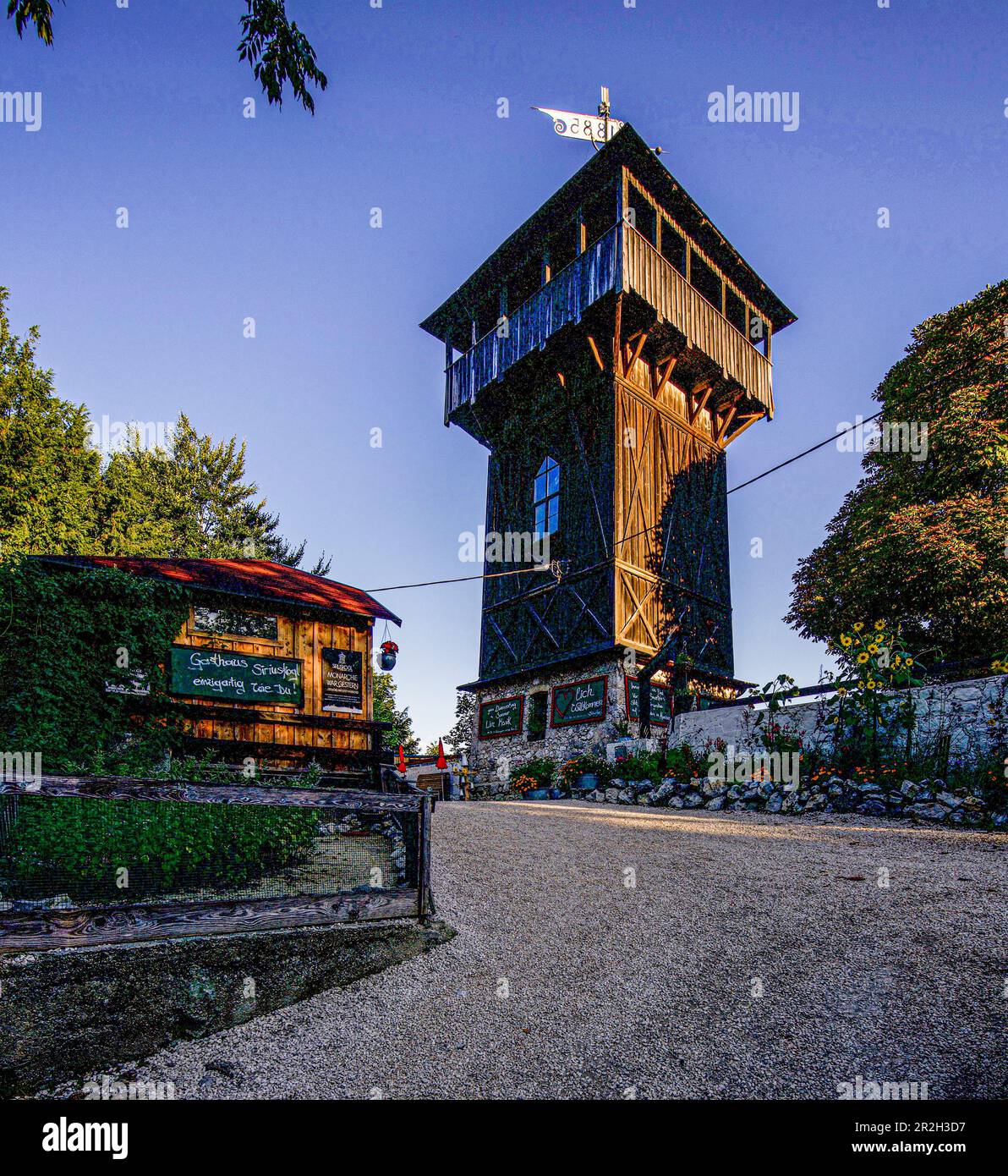 Mountain restaurant and observation tower at the summit of Siriuskogl ...
