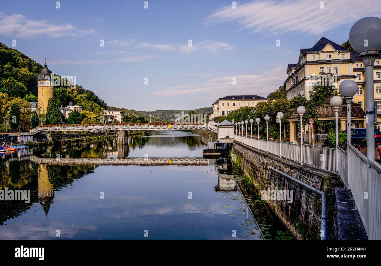 The Lahn in the spa district of Bad Ems with the spa bridge, spring ...