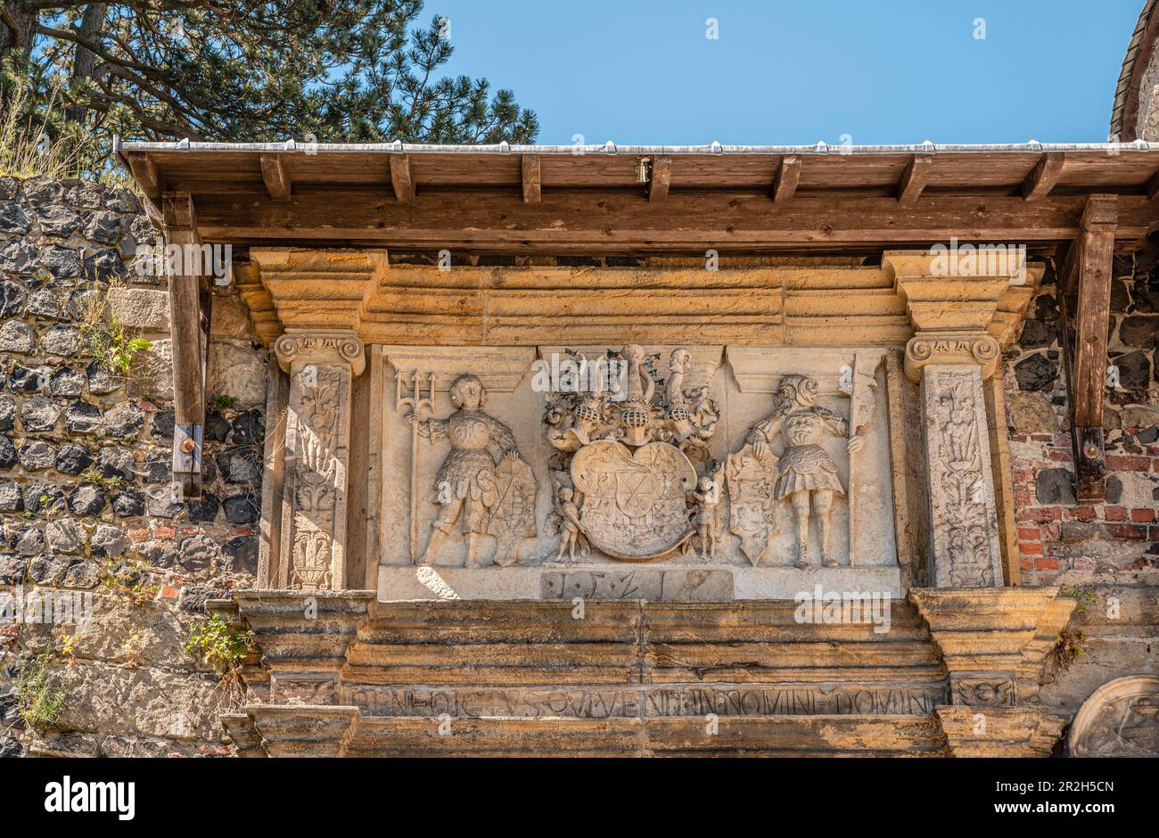 Medieval wall relief above the entrance to Stolpen Castle, Saxony ...