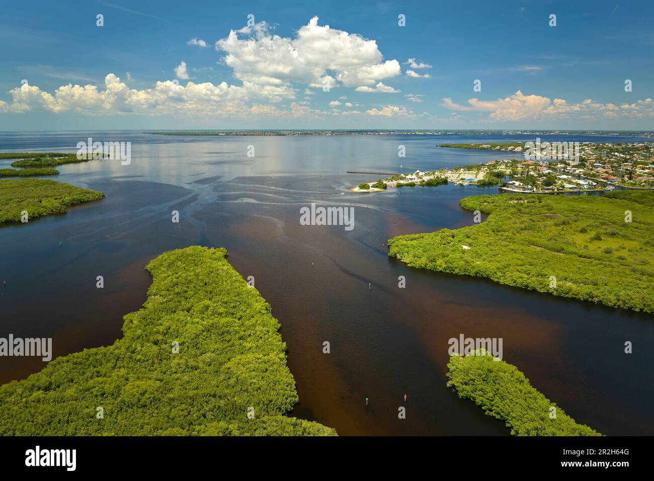 Aerial view of Florida wetlands with green vegetation between ocean ...