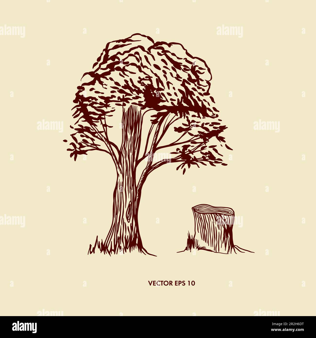 Vector deciduous tree and stump. Graphic arts. As a design element for ...