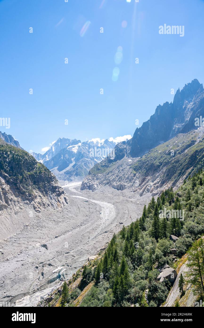 View of the glacier remains and boulders of the Mer de Glace, Chamonix Mont Blanc Stock Photo ...