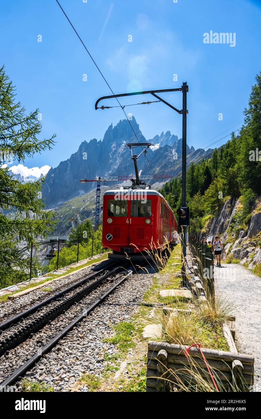 The red cog railway just outside the Mer de Glace train station ...