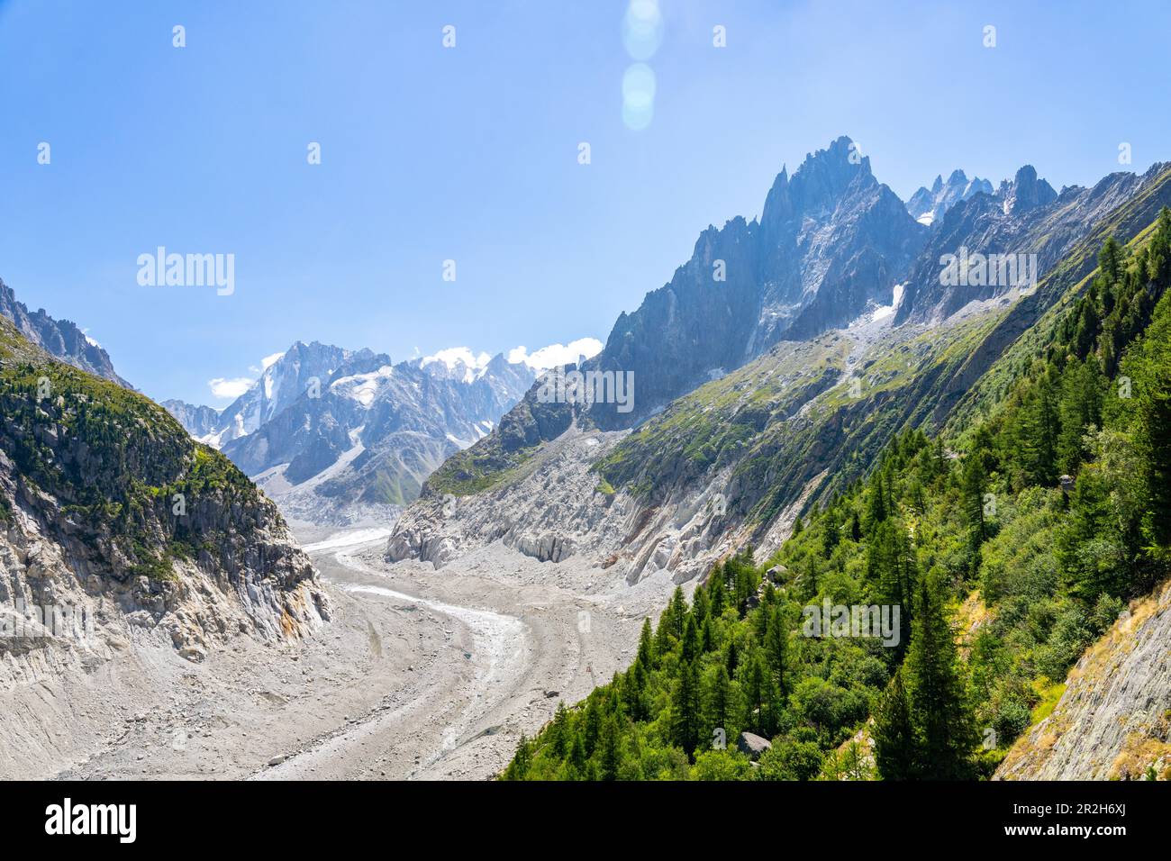 View of the glacier remains and boulders of the Mer de Glace, Chamonix ...