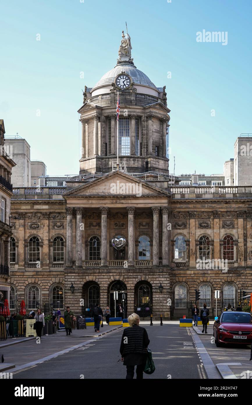 Liverpool Town Hall building with the statue of Roman goddess Minerva ...