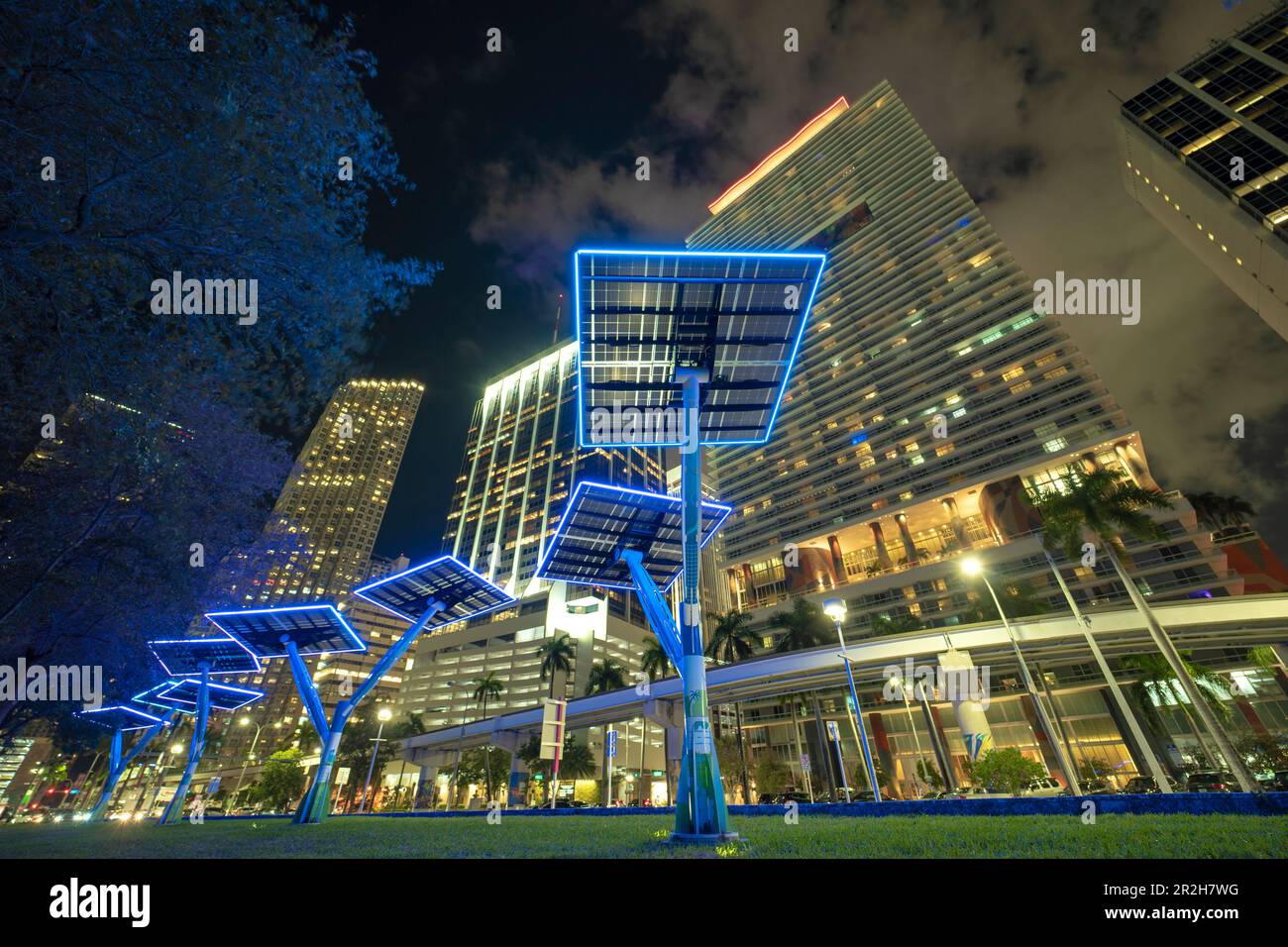 Modern urban street neon illumination with solar photovoltaic panels ...
