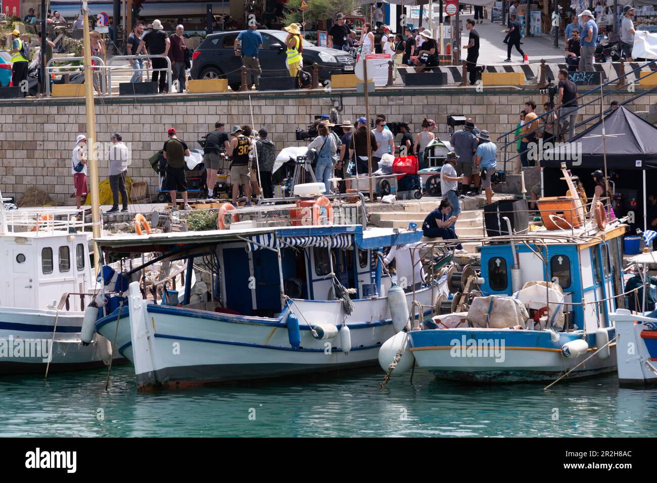 HERAKLION, CRETE, GREECE, MAY 15, 2023. Film cast and set crew filming ...