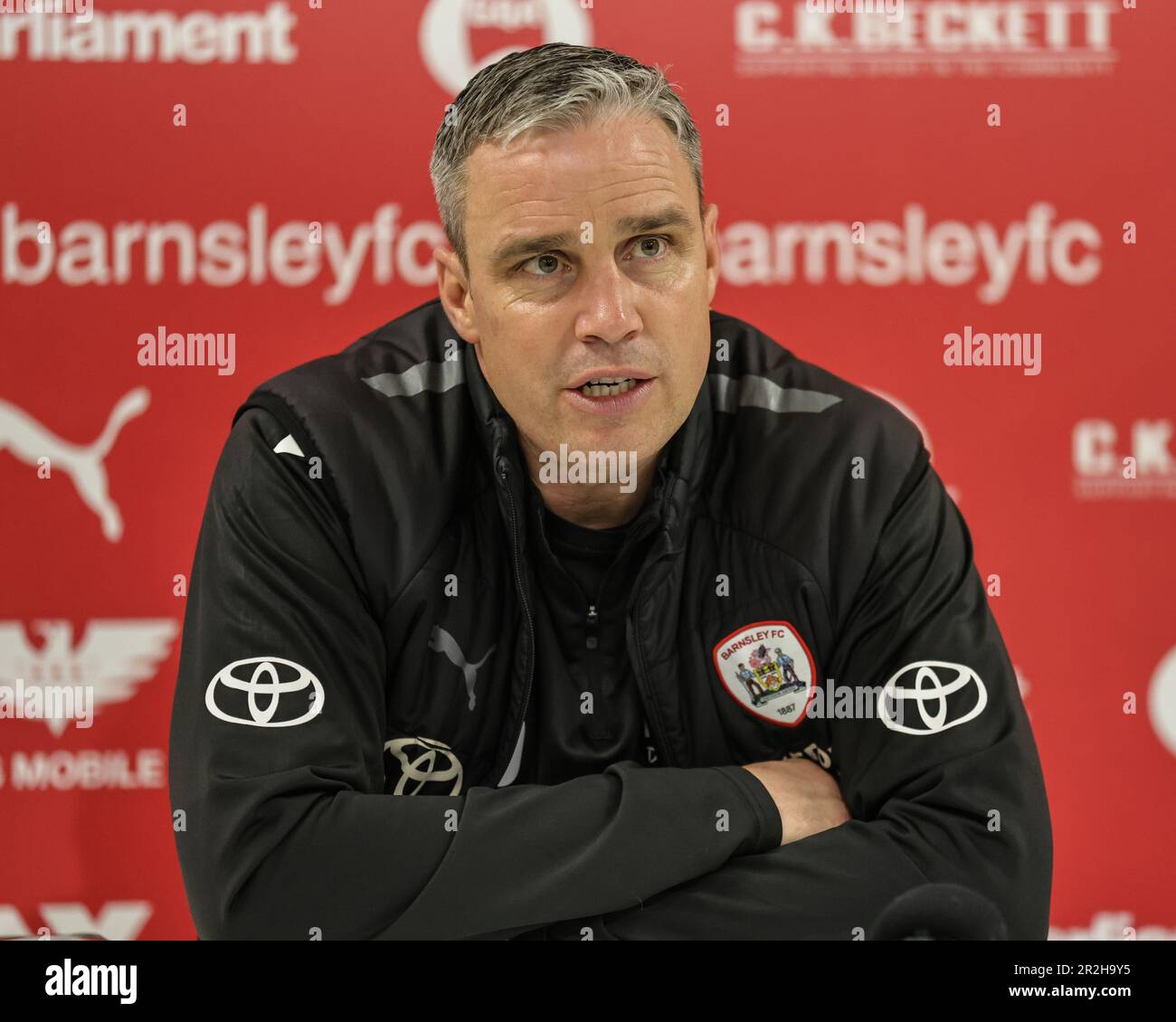 Barnsley, UK. 19th May, 2023. Michael Duff manager of Barnsley speaks ...