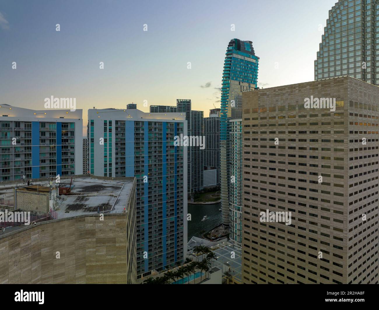 View from above of concrete and glass skyscraper buildings in downtown ...