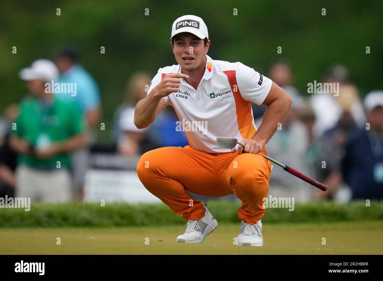 Viktor Hovland, of Norway, lines up a putt on the 15th hole during the second round of the PGA ...