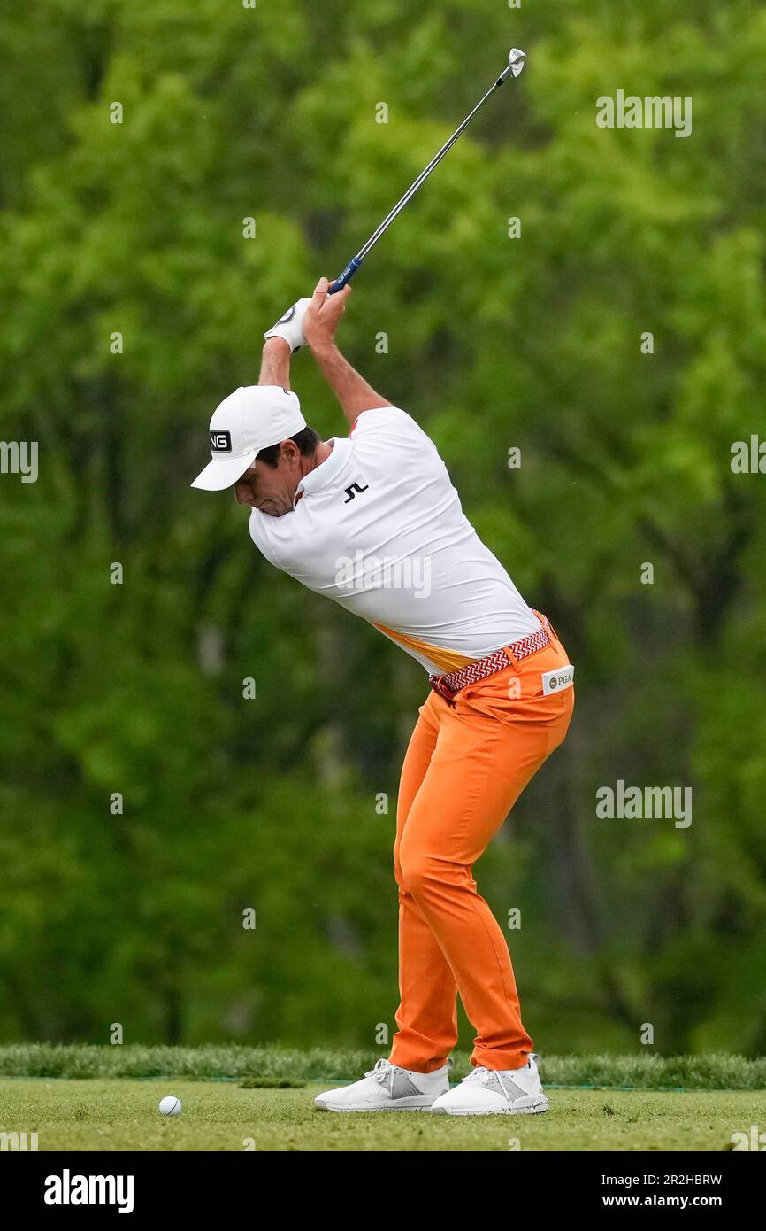 Viktor Hovland, of Norway, hits his tee shot on the 15th hole during the second round of the PGA ...