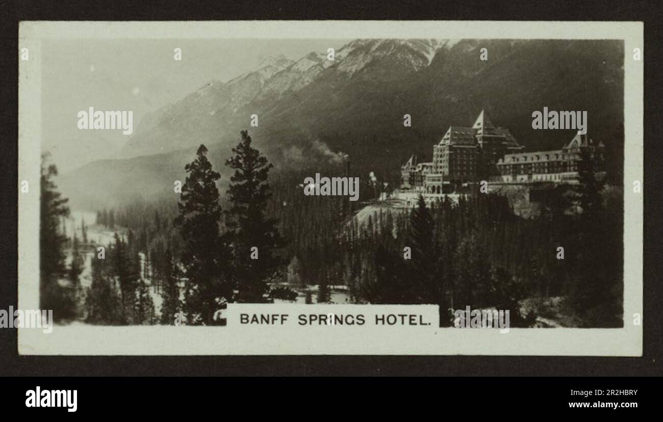 Black and white cigarette card showing the Banff Springs Hotel in ...