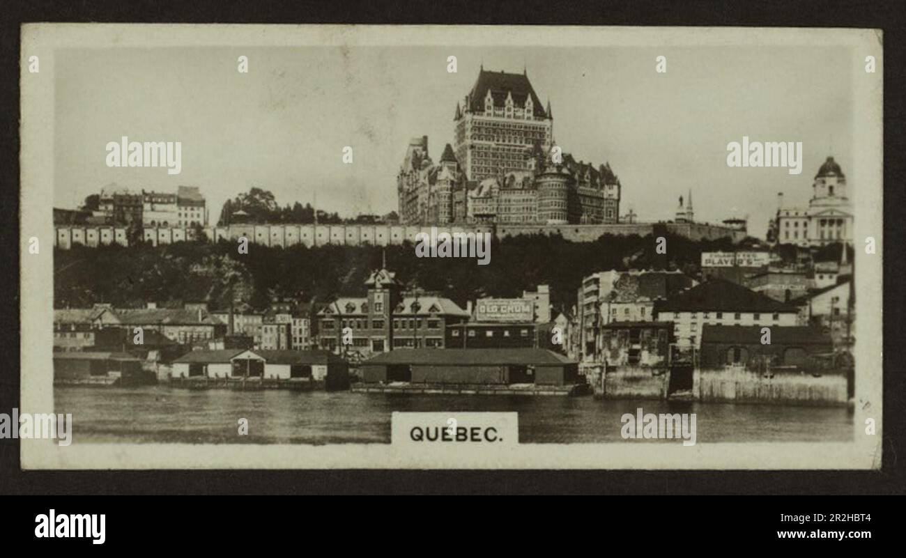 Black and white cigarette card showing Quebec City with the Chateau ...