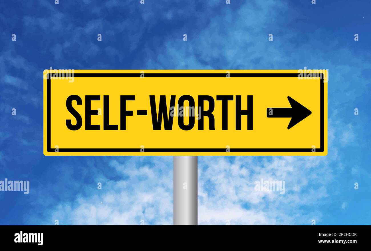 Self-worth road sign on sky background Stock Photo - Alamy
