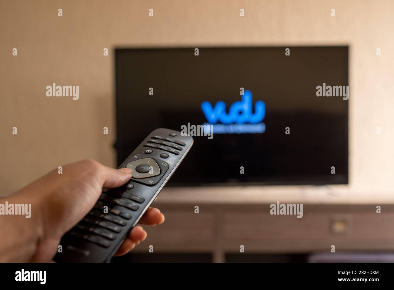 Brazil, Rio de Janeiro - May 19, 2023: Flat-screen TV set displaying ...