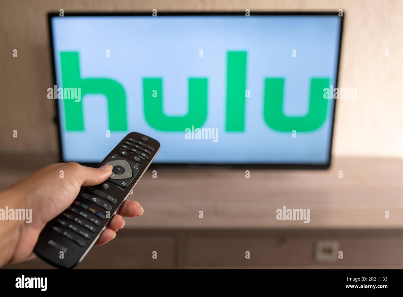 Brazil, Rio de Janeiro - May 19, 2023: Flat-screen TV set displaying ...