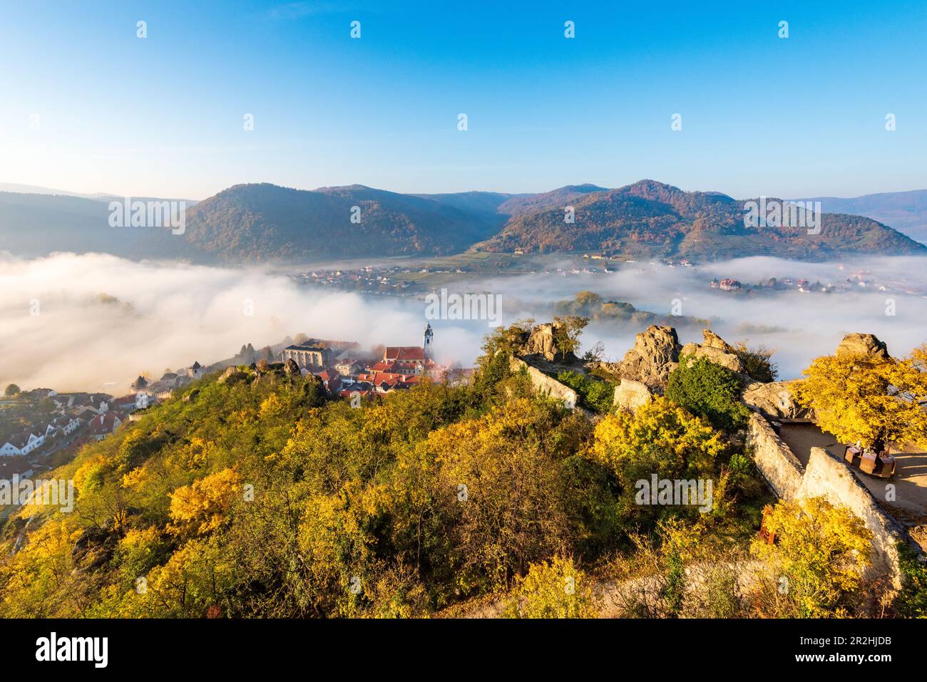 View from Dürnstein castle ruins on Dürnstein and the Danube valley in ...