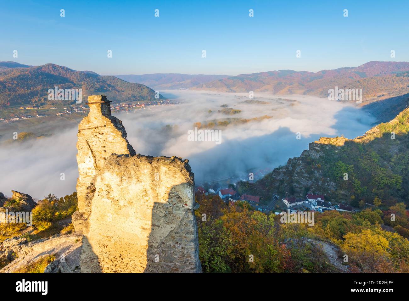 View from Dürnstein castle ruins on Dürnstein and the Danube valley in ...