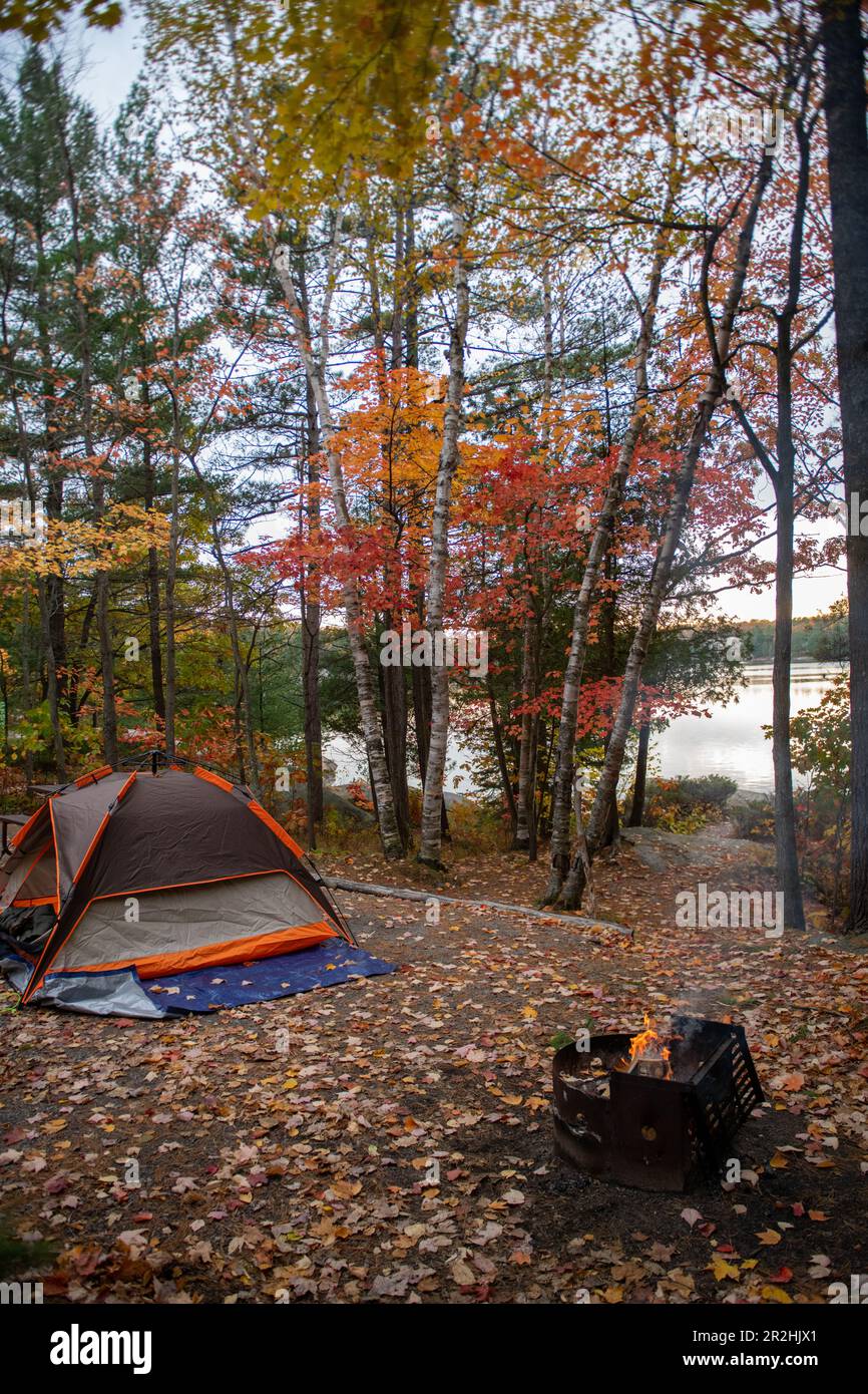 Sunset from a camping site with beautiful fall foliage by a lake Stock ...