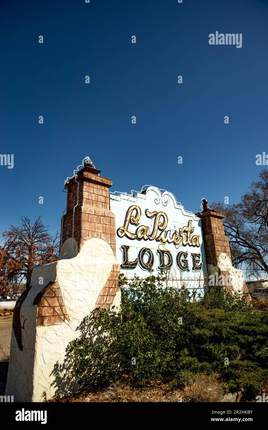 Old La Puerta Lodge neon sign along former Route 66 in Albuquerque, New ...