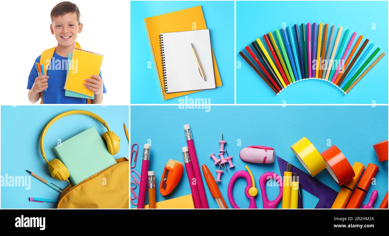 Collage with photos of cute boy and different stationery. Back to ...