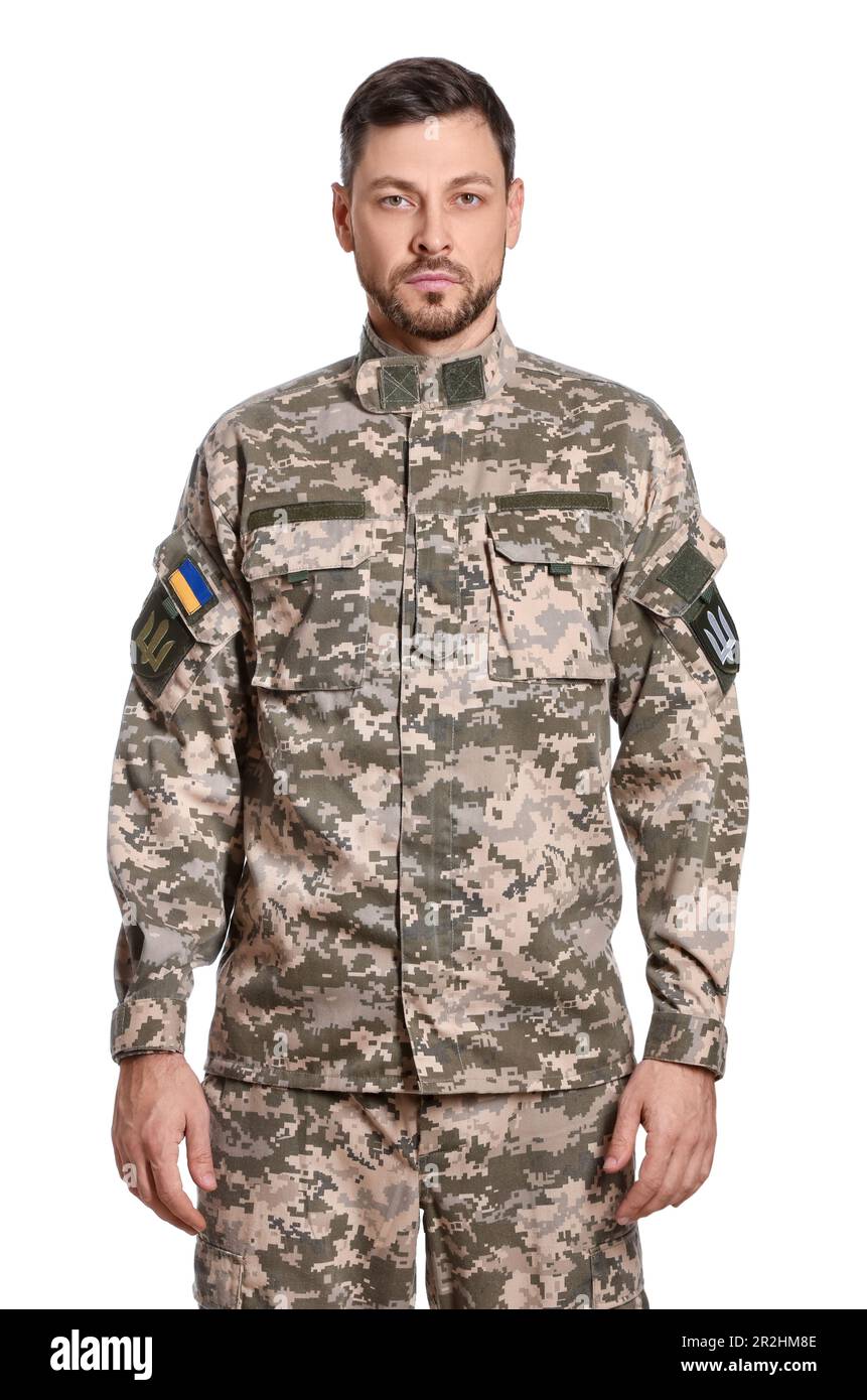 Ukrainian soldier in military uniform on white background Stock Photo ...