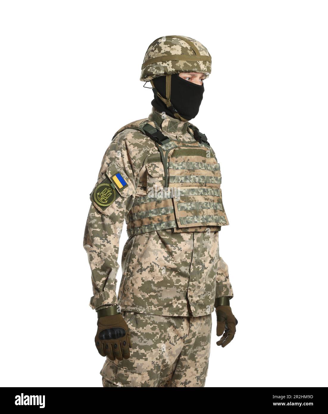 Ukrainian soldier in military uniform, helmet and balaclava on white ...