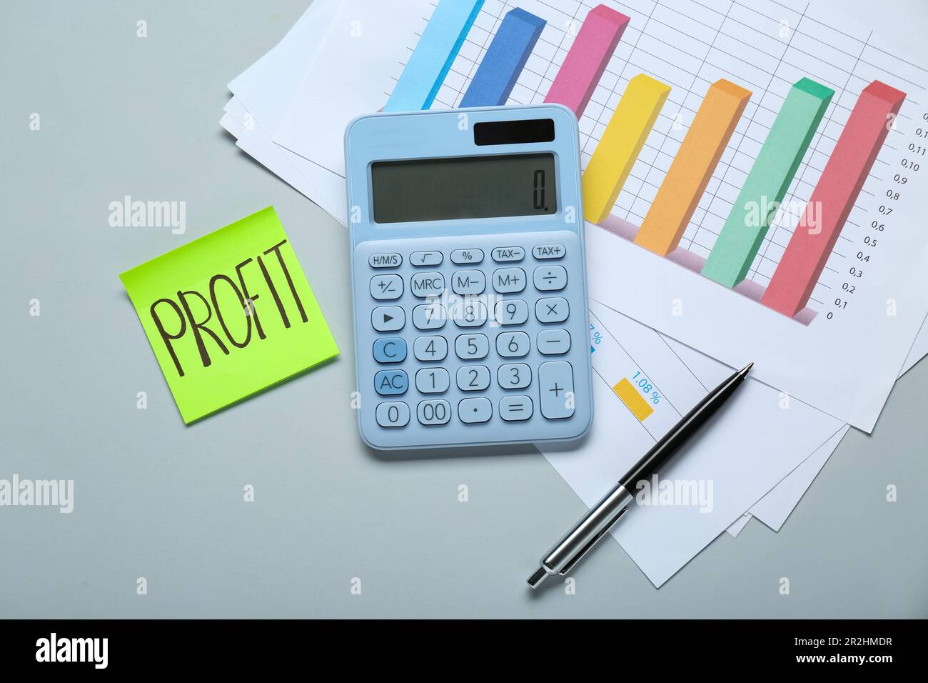 Sticky note with word Profit, calculator and diagram on light grey ...