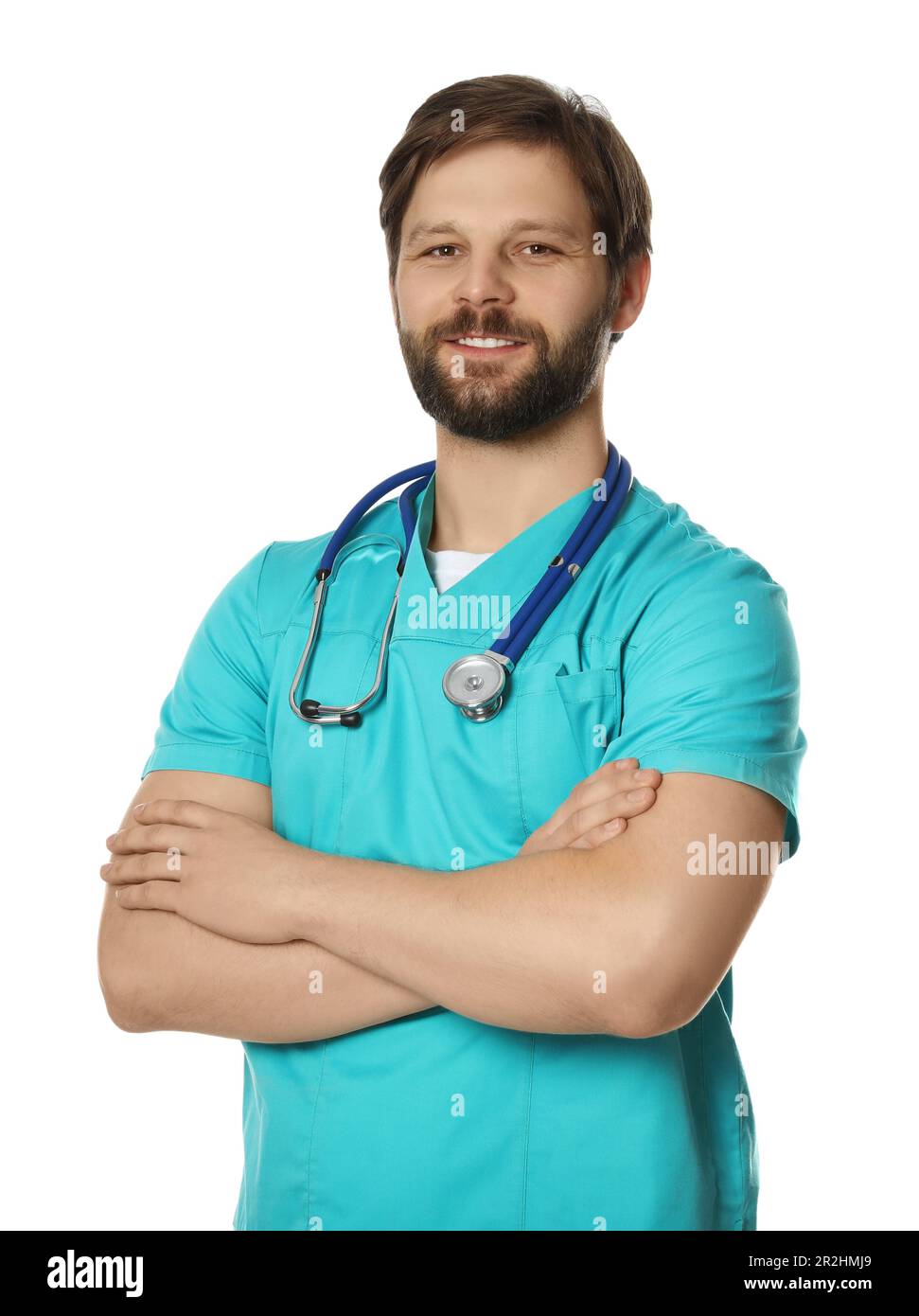 Doctor or medical assistant (male nurse) in uniform with stethoscope on ...