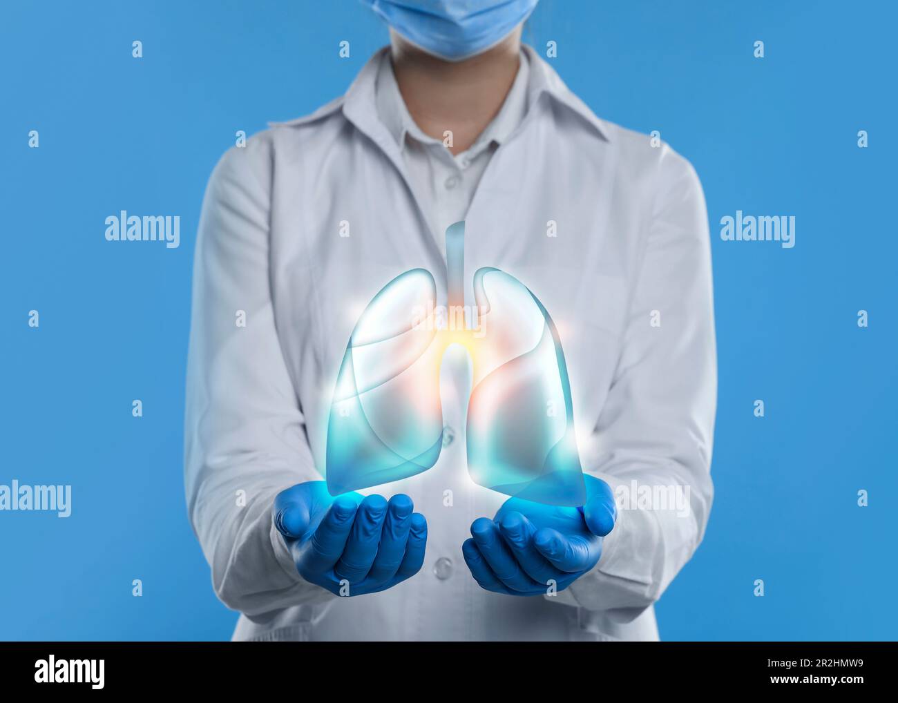 Doctor demonstrating digital image of human lungs on light blue ...