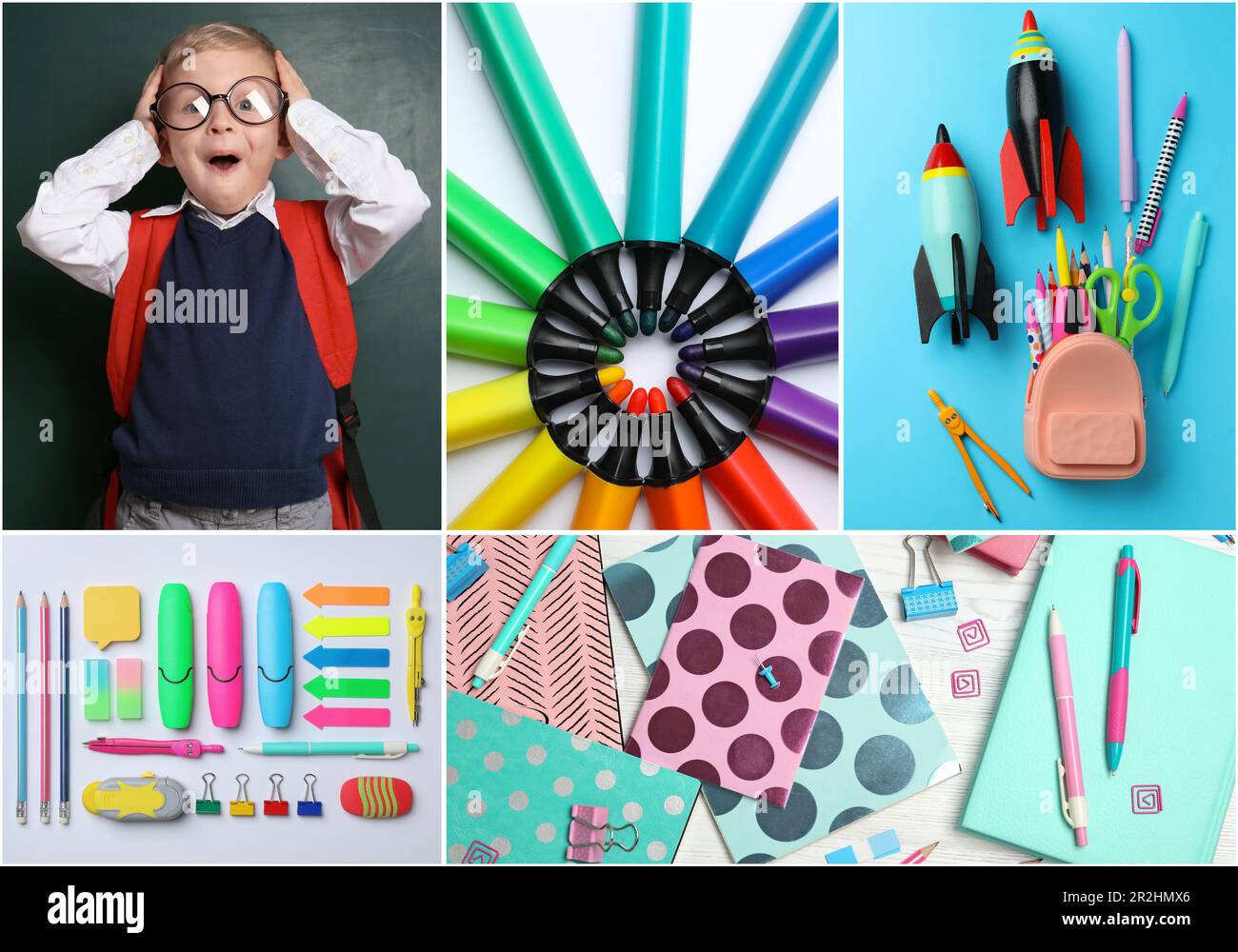 Collage with photos of cute boy and different stationery. Back to ...