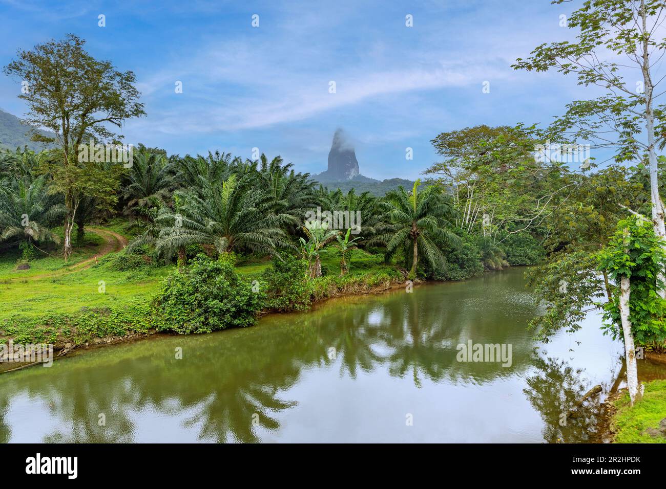 Pico Cao Grande and Rio Grande in the south of the island of Sao Tome ...