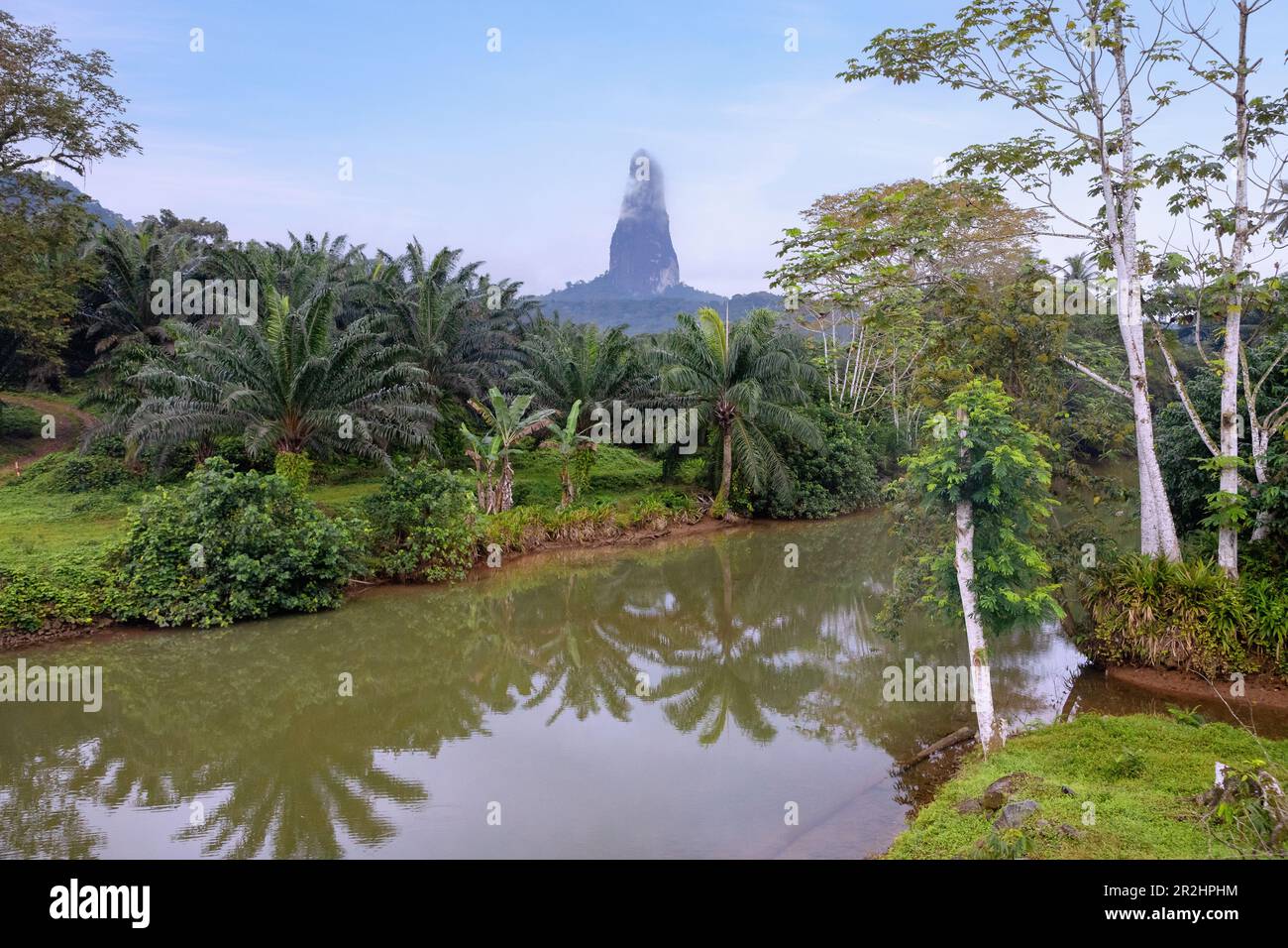 Pico Cao Grande and Rio Grande in the south of the island of Sao Tome ...