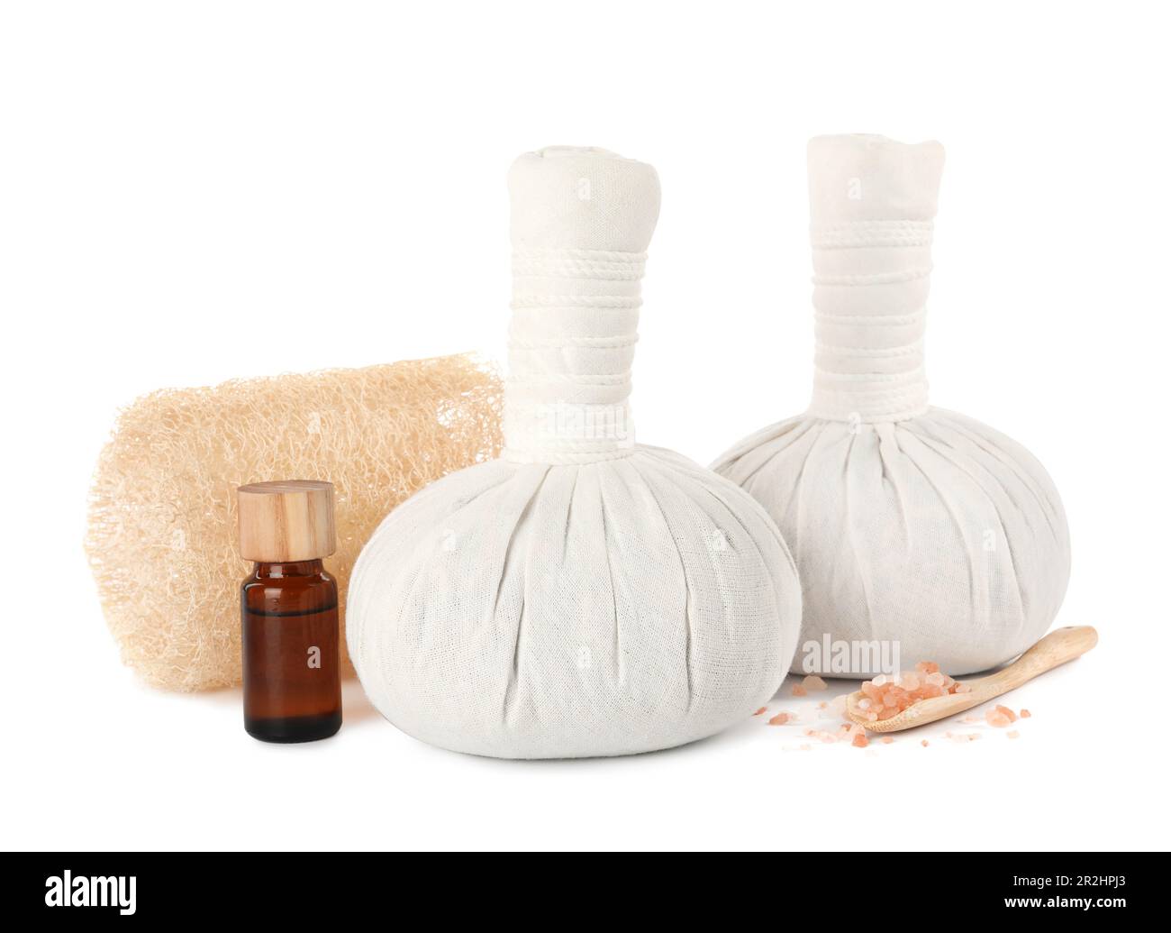 Herbal massage bags and other spa products on white background Stock ...