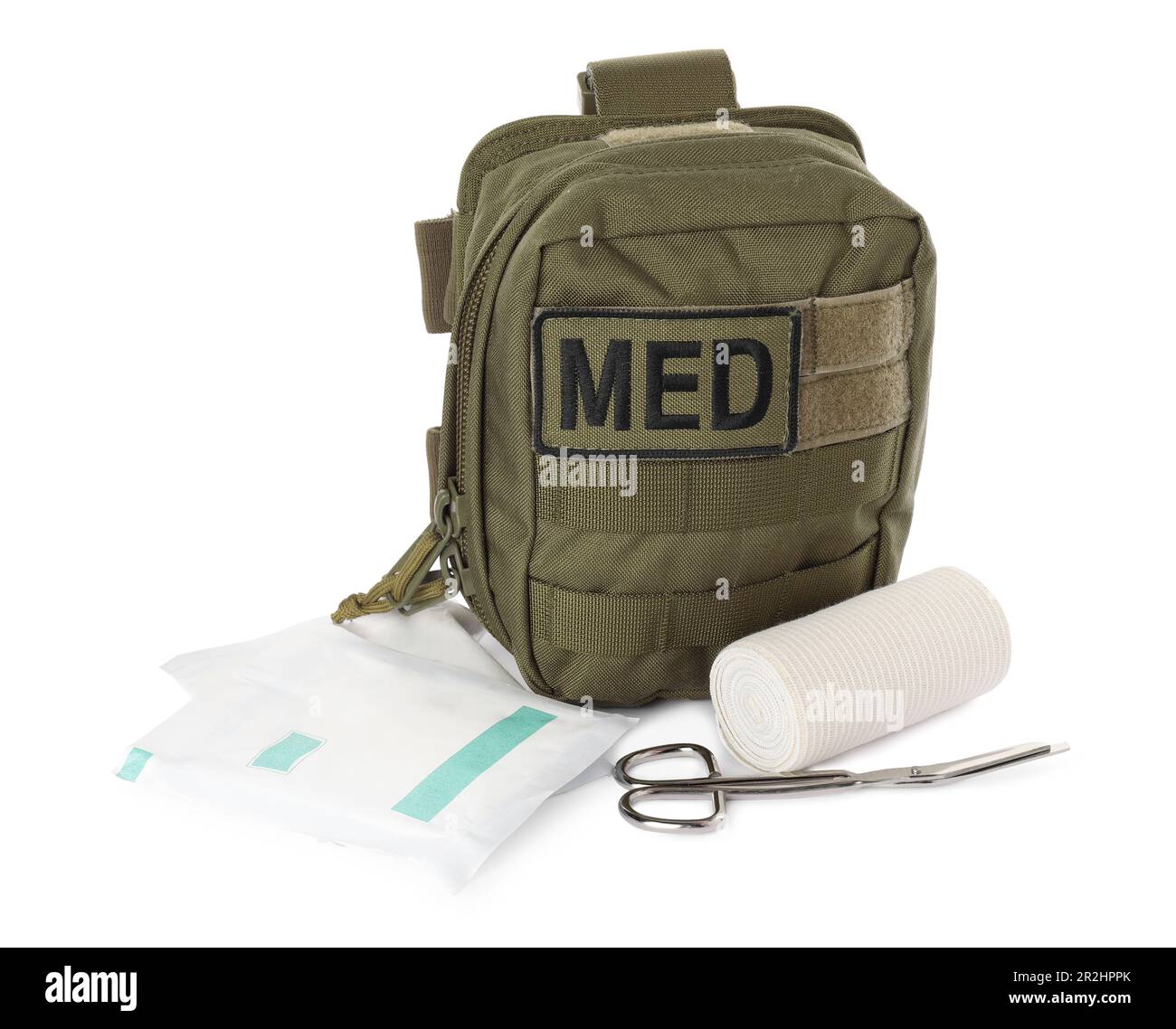 Military first aid kit with items isolated on white Stock Photo - Alamy