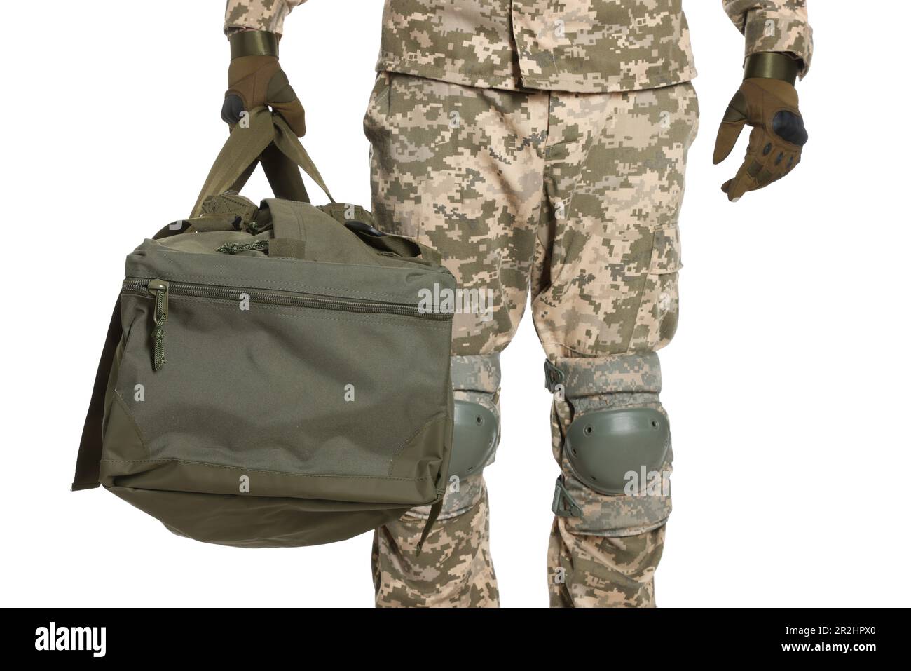 Ukrainian soldier in military uniform with army bag on white background ...