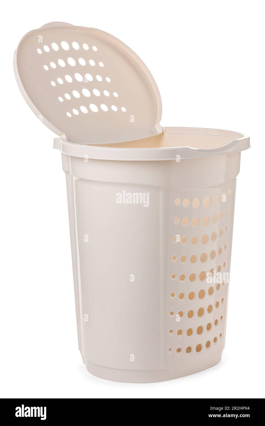 Open empty laundry basket isolated on white Stock Photo - Alamy