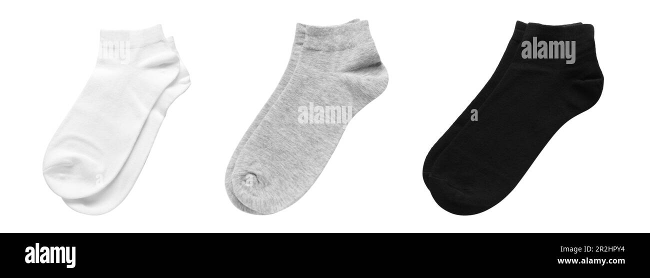 Set with different socks on white background. Banner design Stock Photo ...