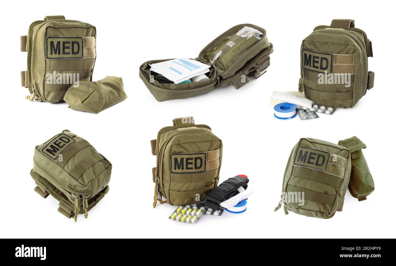 Collage with military first aid kit on white background Stock Photo - Alamy