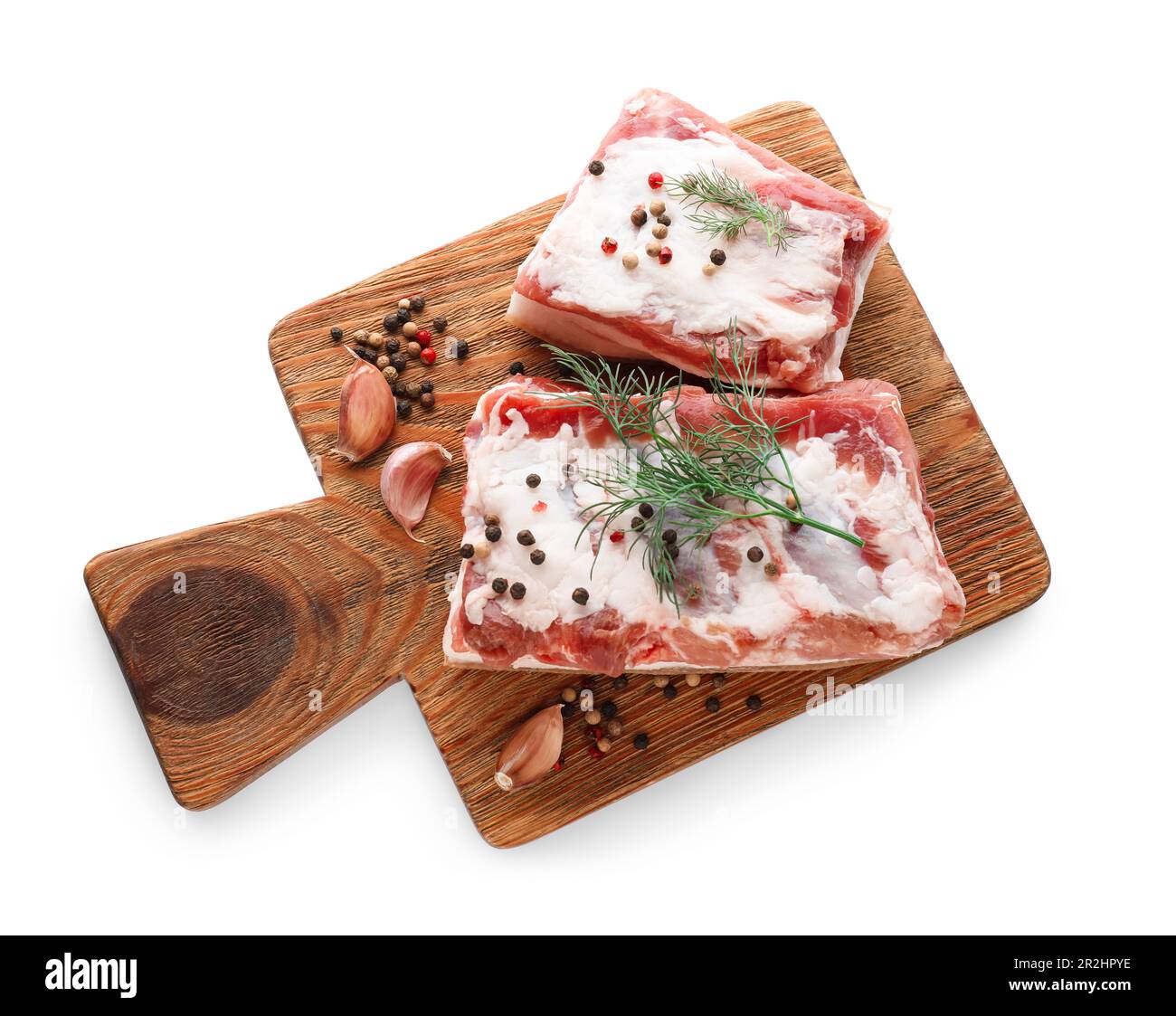 Pieces of pork fatback served with different ingredients isolated on ...