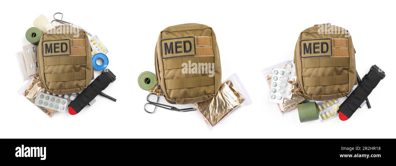 Collage with military first aid kit on white background, banner design ...