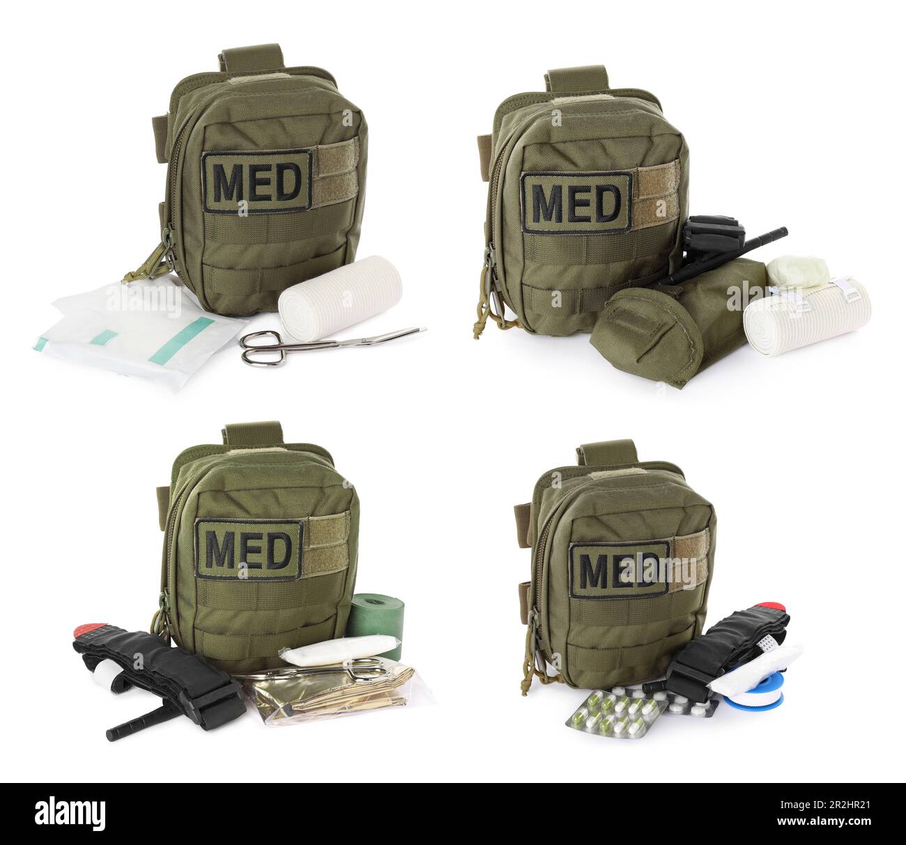 Collage with military first aid kit on white background Stock Photo - Alamy