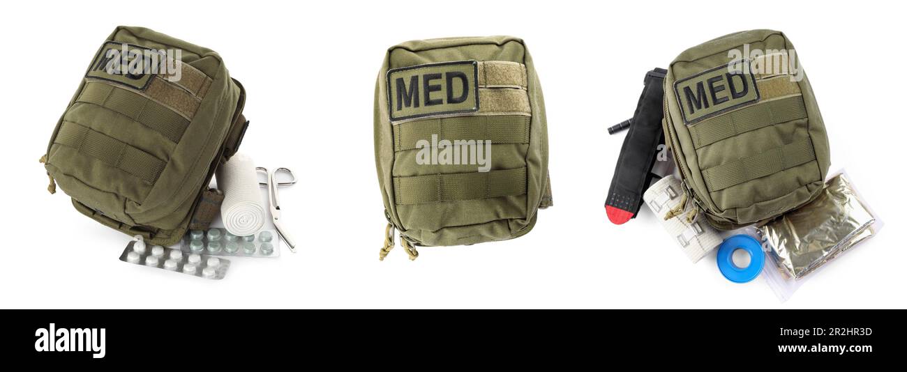 Collage with military first aid kit on white background, banner design ...