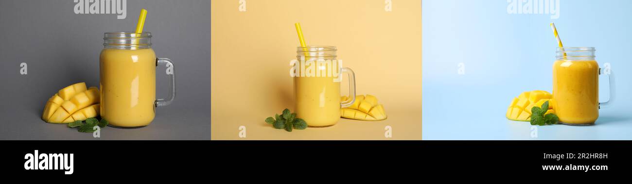 Collage with mango smoothie on different color backgrounds. Banner ...