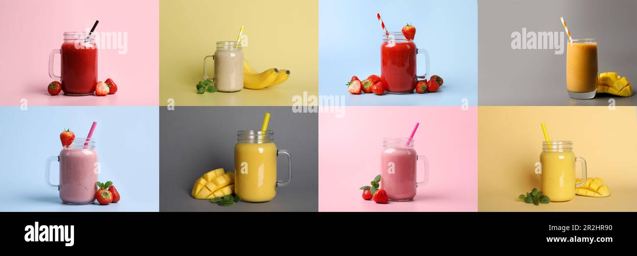 Collage with various smoothies on different color backgrounds. Banner ...