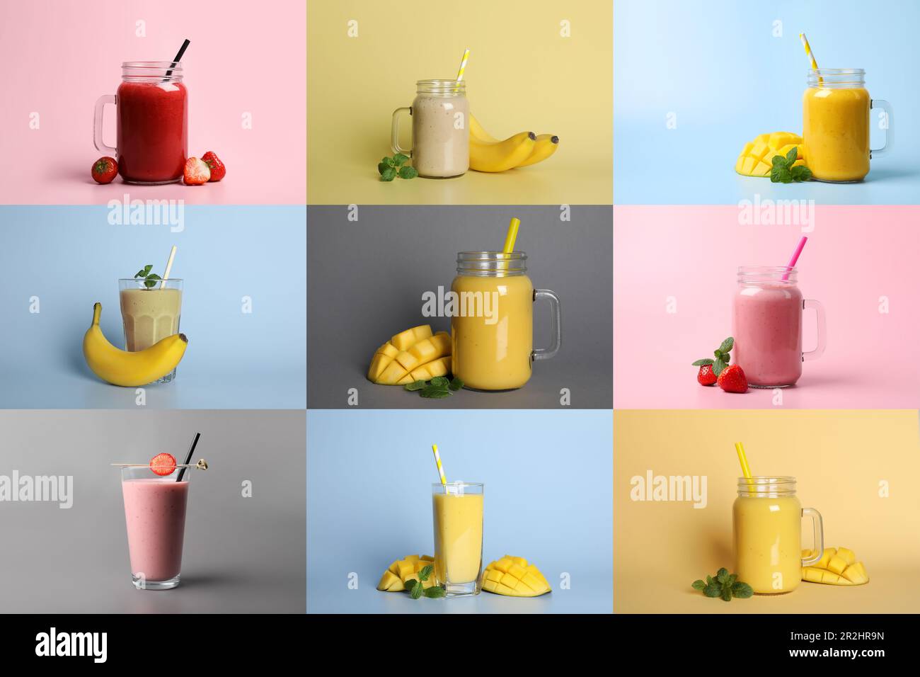 Collage with various smoothies on different color backgrounds Stock ...