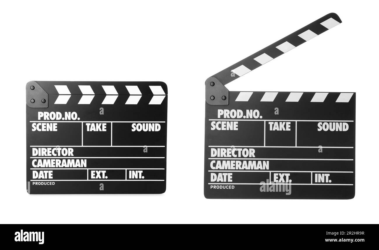 Clapperboards on white background, collage. Cinema production Stock ...