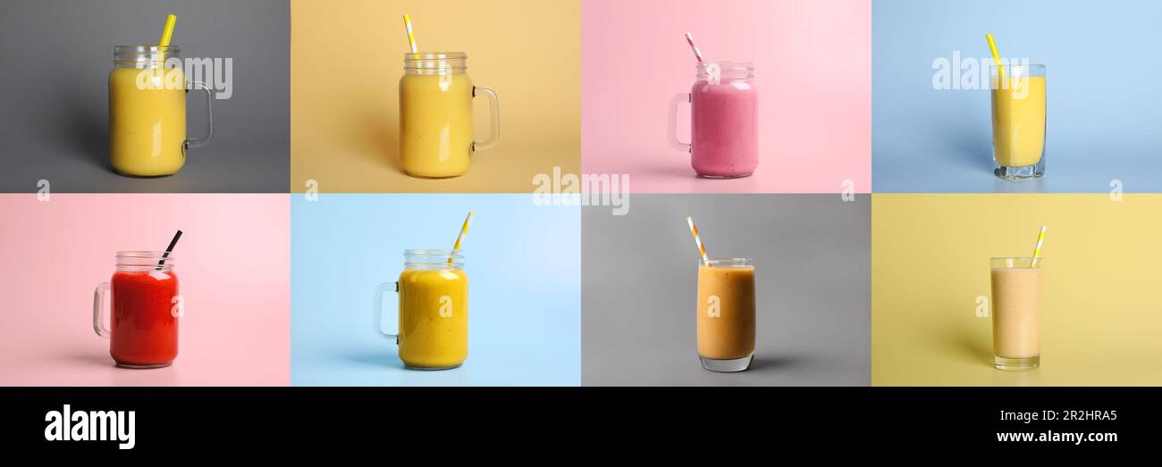 Collage with various smoothies on different color backgrounds. Banner ...